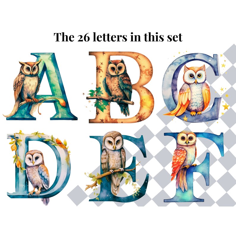 Owl Clipart Alphabet Letters | Bird PNG Fonts | Watercolour Typography ...