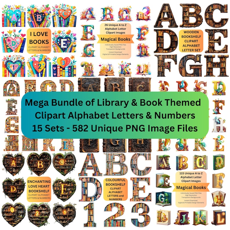 Library Book Clipart Alphabet: 582 PNG Letter & Number Fonts (digital ...