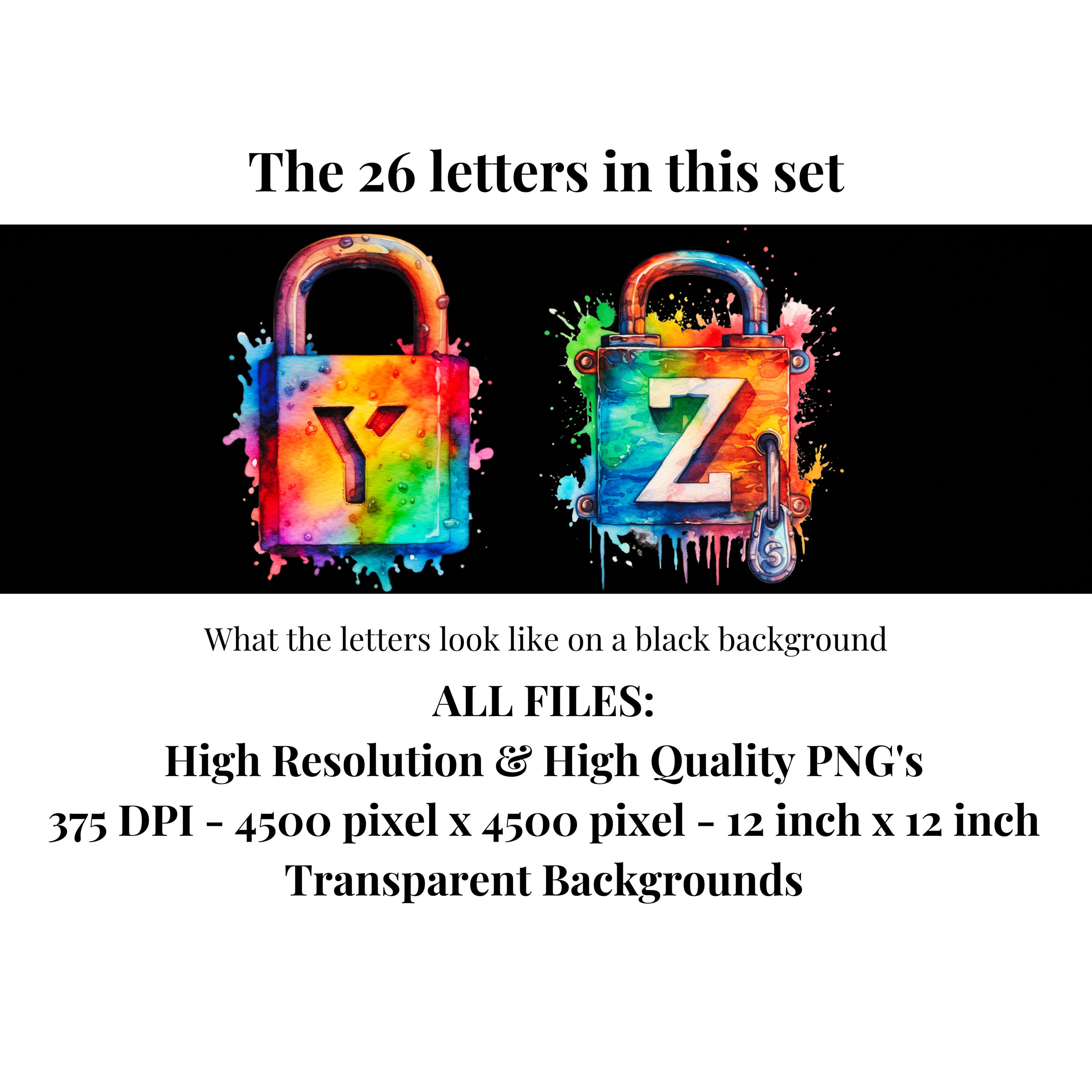 Padlock Clipart Alphabet Letters PNG Files for Watercolor Digital ...