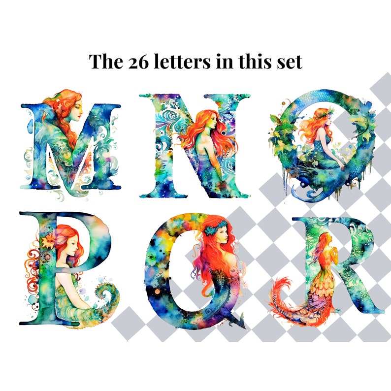 Watercolor Mermaid Clipart Alphabet Letters | PNG Fantasy Fonts ...