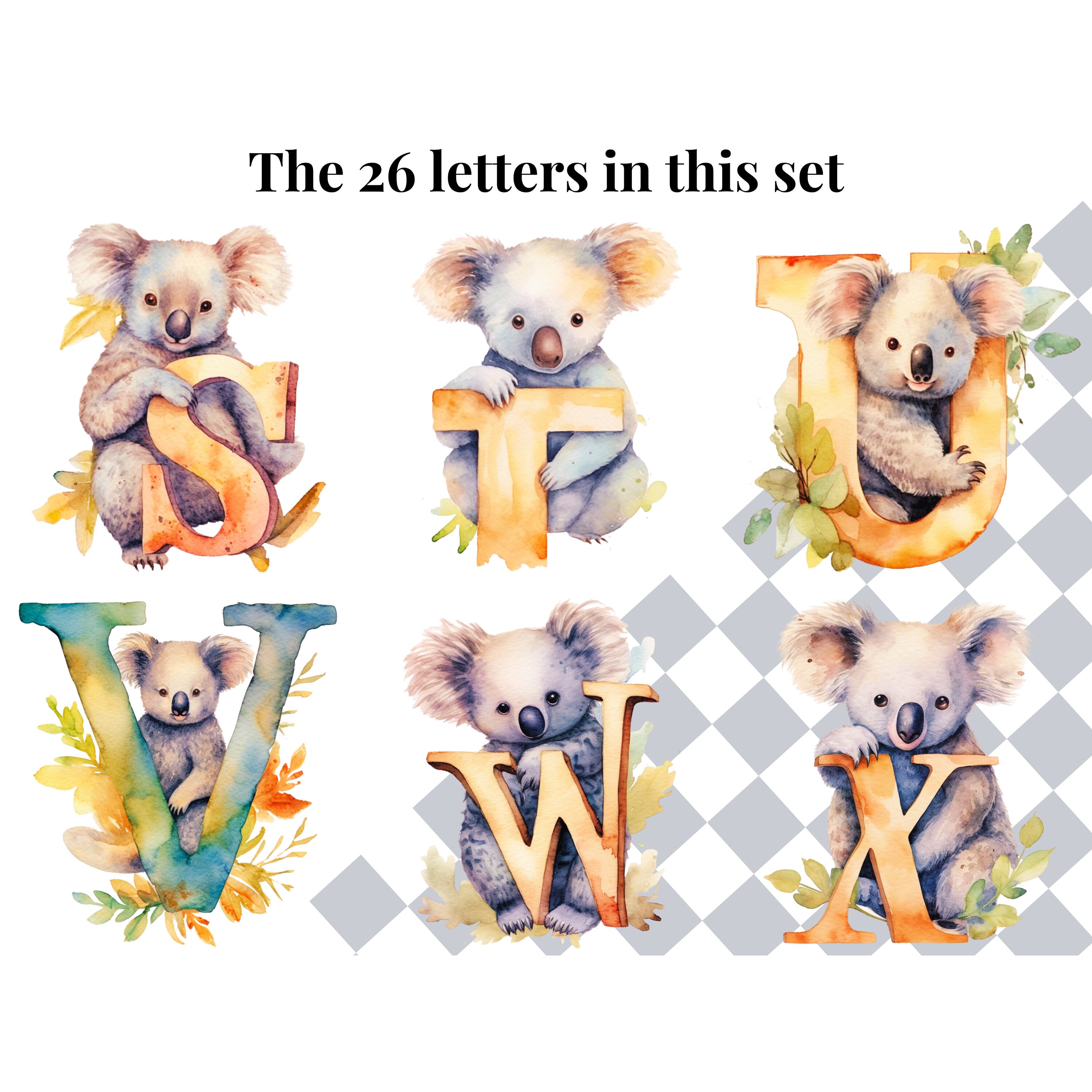 Koala Clipart Animal Alphabet Letters PNG for Instant Download ...