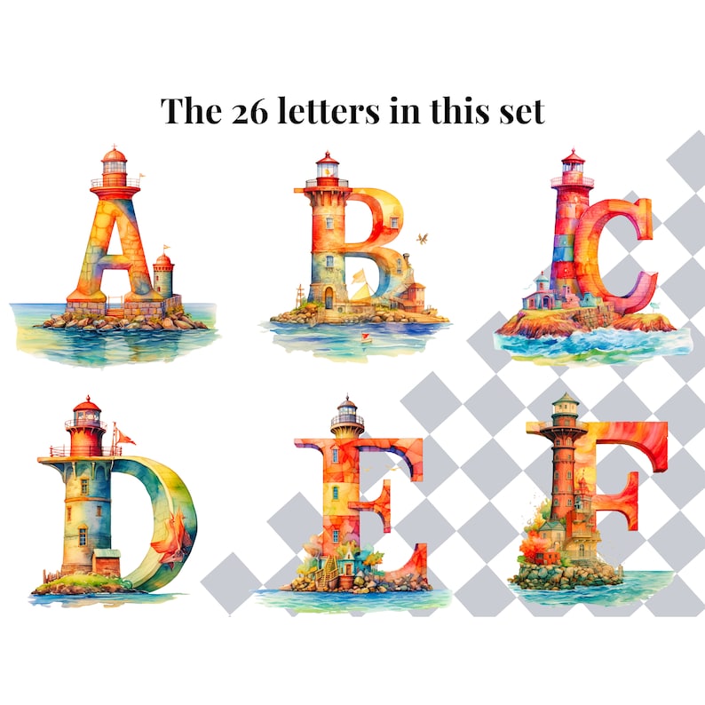Lighthouse Alphabet Clipart: Watercolor Letters, Scrapbooking (digital ...
