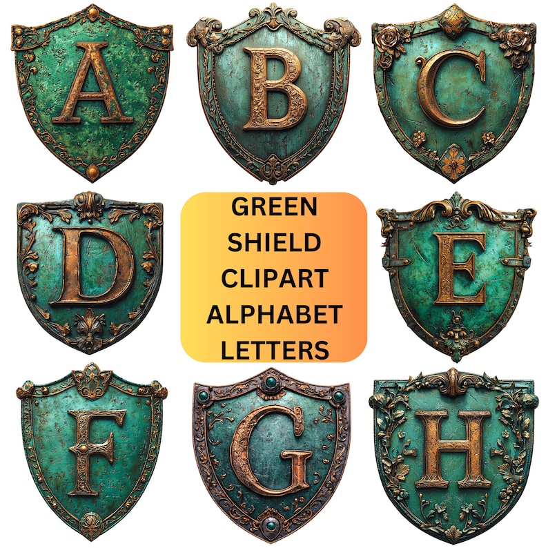 Gothic Shield Alphabet Clipart: Green Armor Letters (PNG Digital ...