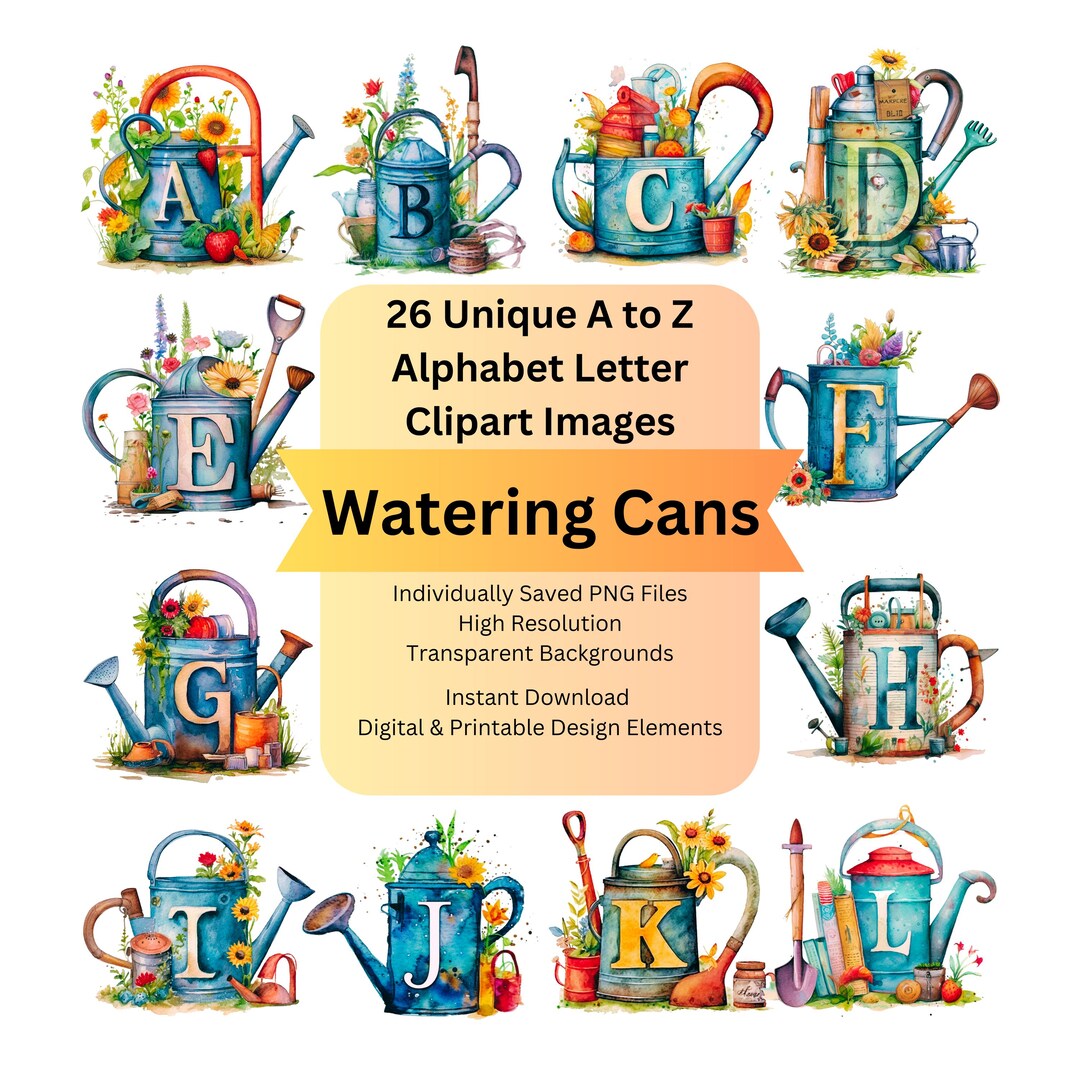 Watercolor Watering Can Alphabet Clipart: A-Z PNG Files (digital ...