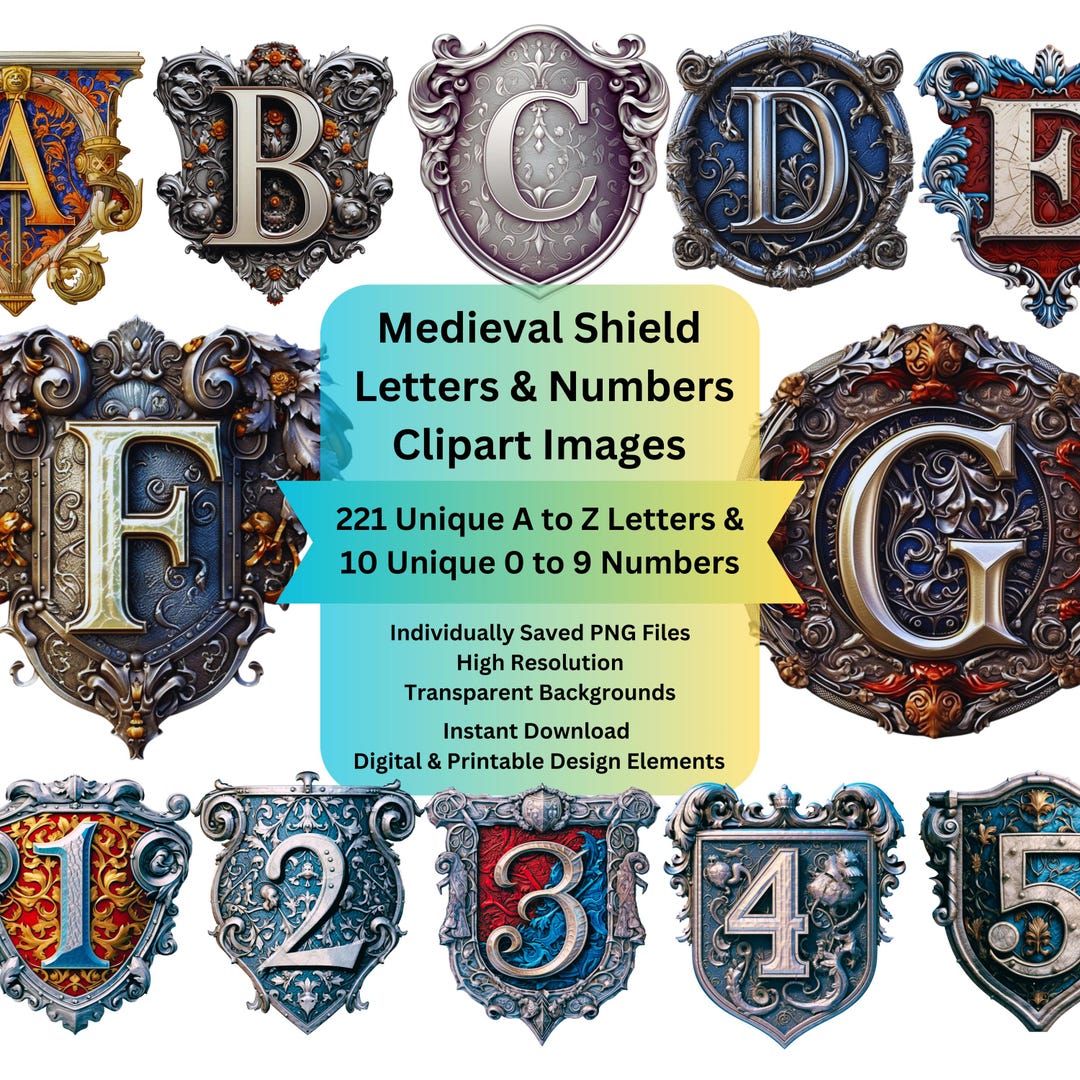 Medieval Shield Alphabet: PNG Clipart Letters & Numbers (digital ...
