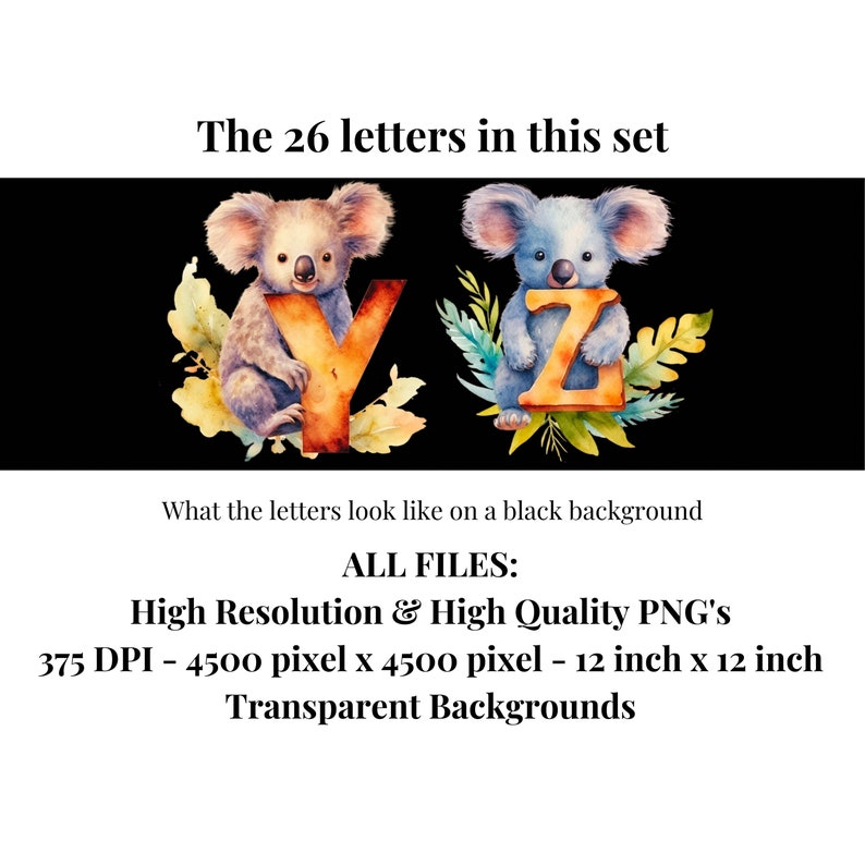 Koala Clipart Alphabet Letters | PNG Watercolor Fonts | Animal Themed ...
