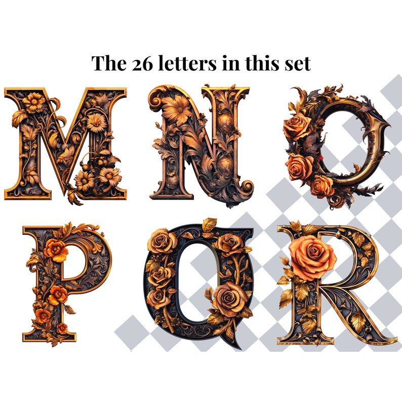 Gothic Gold Floral Alphabet Clipart: Rose Letters (PNG Digital Download ...