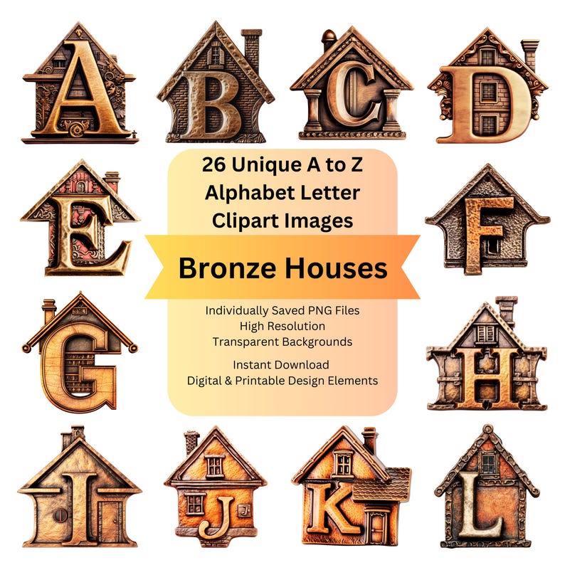 Bronze House Alphabet Clipart: Vintage PNG Letters (digital Download ...