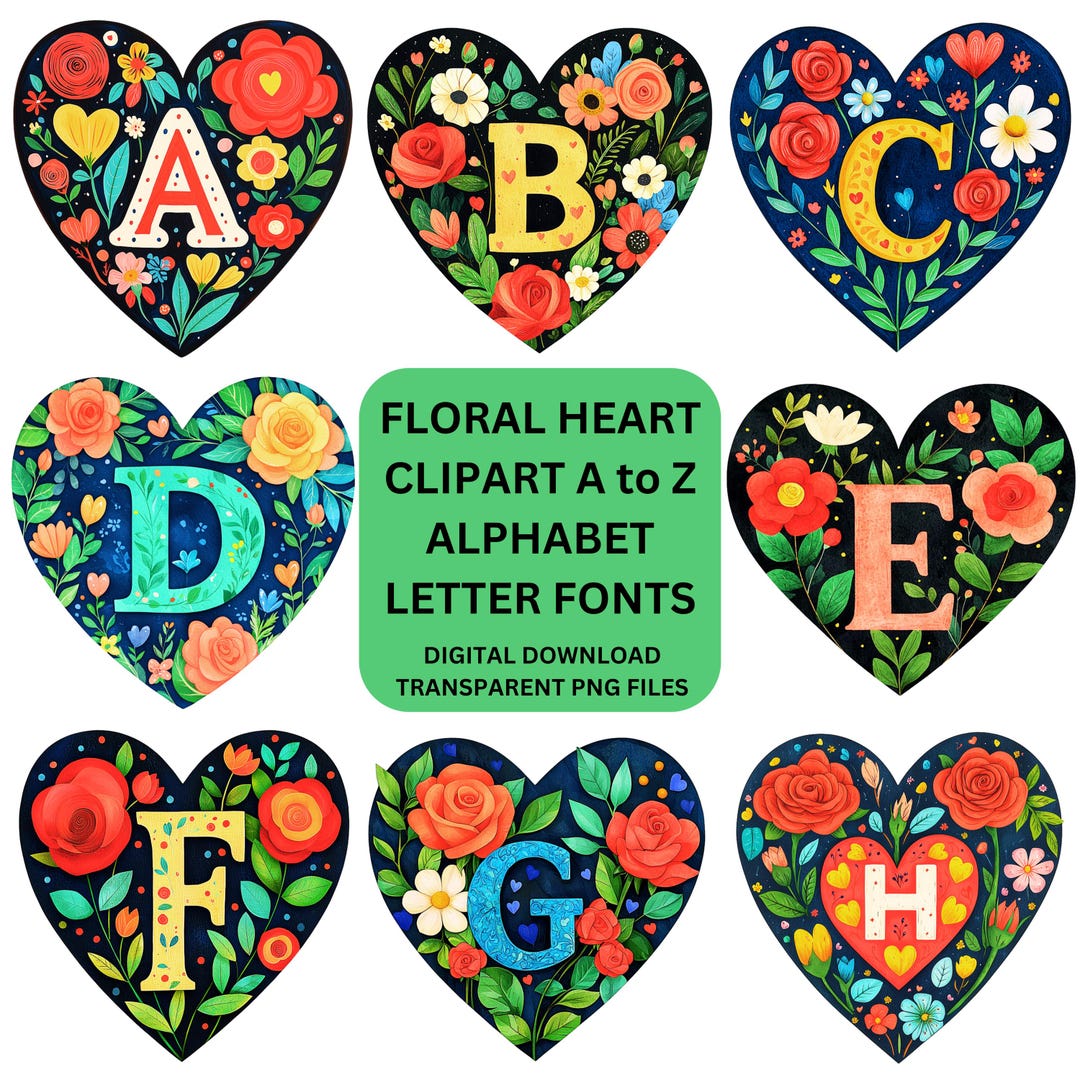 Floral Heart Alphabet Clipart A–Z for Digital & Printable Use, Flower ...