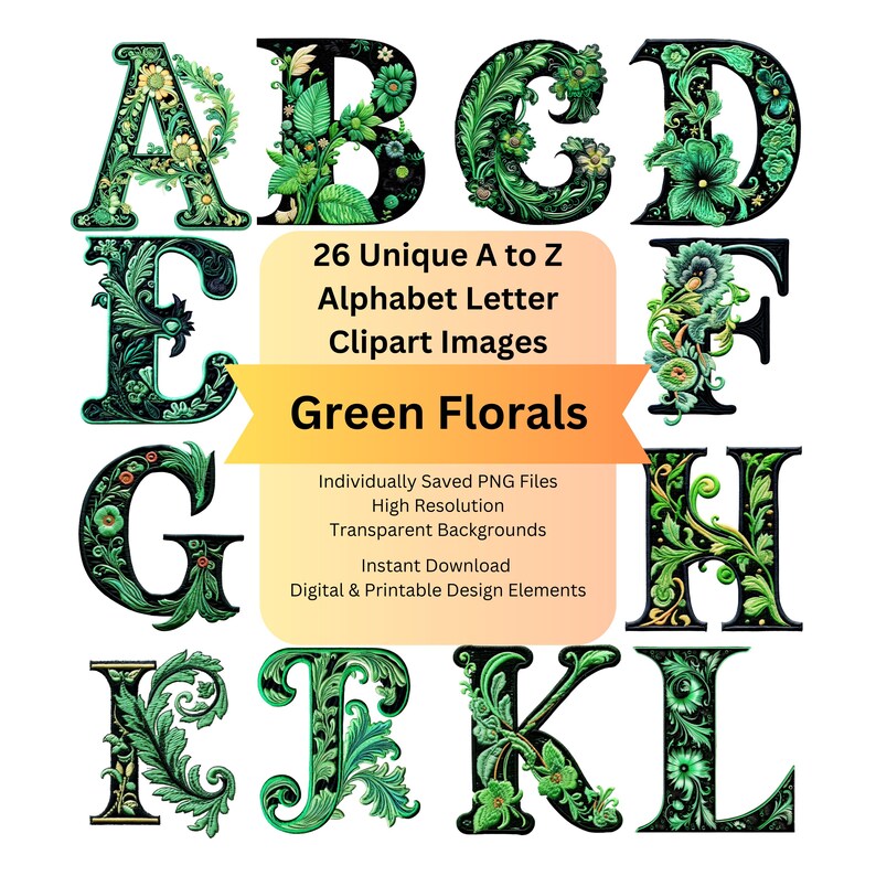 Floral Embroidery Alphabet Clipart: Green Flower Letters (digital ...