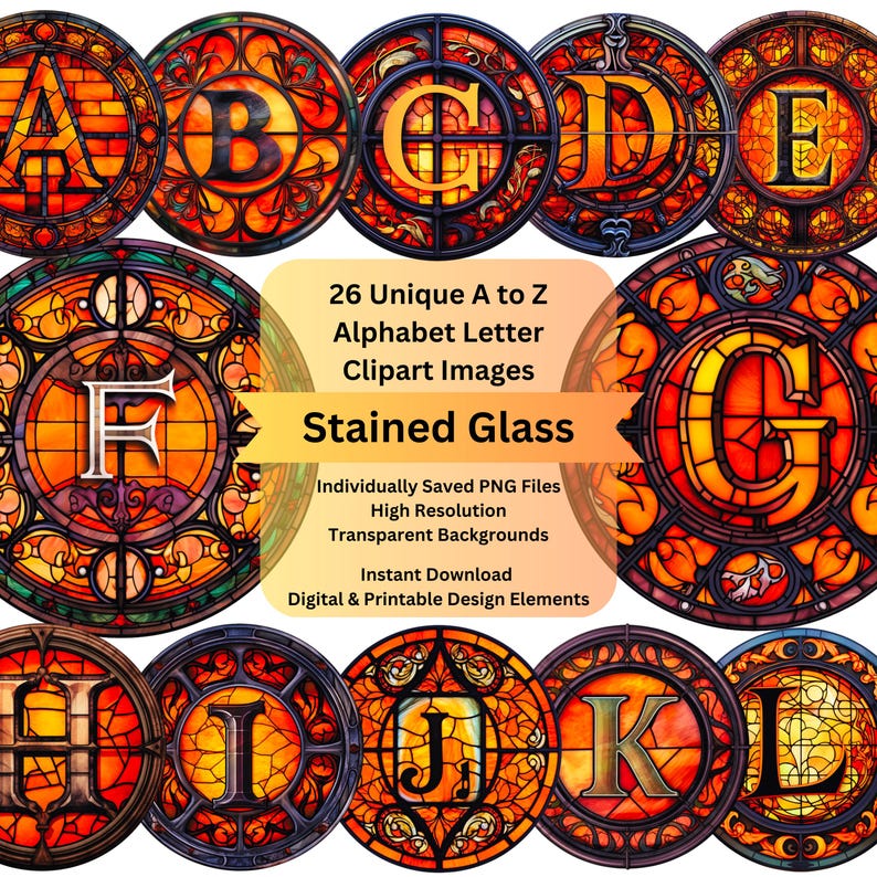 Stained Glass Halloween Alphabet Clipart: Orange & Black Letters (PNG ...