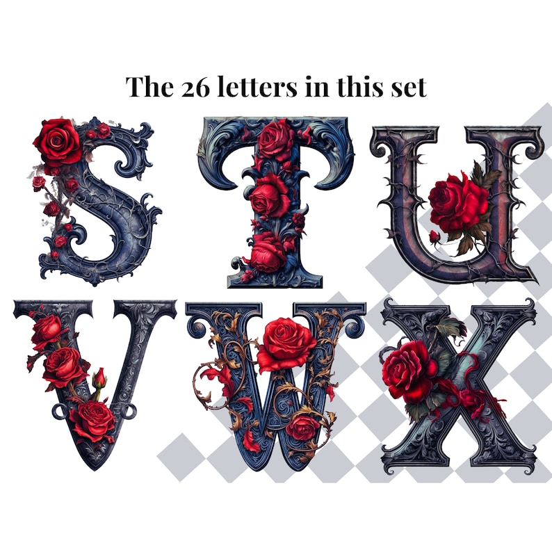 Gothic Clipart Alphabet Letters PNG Files for Red Rose Floral Digital ...