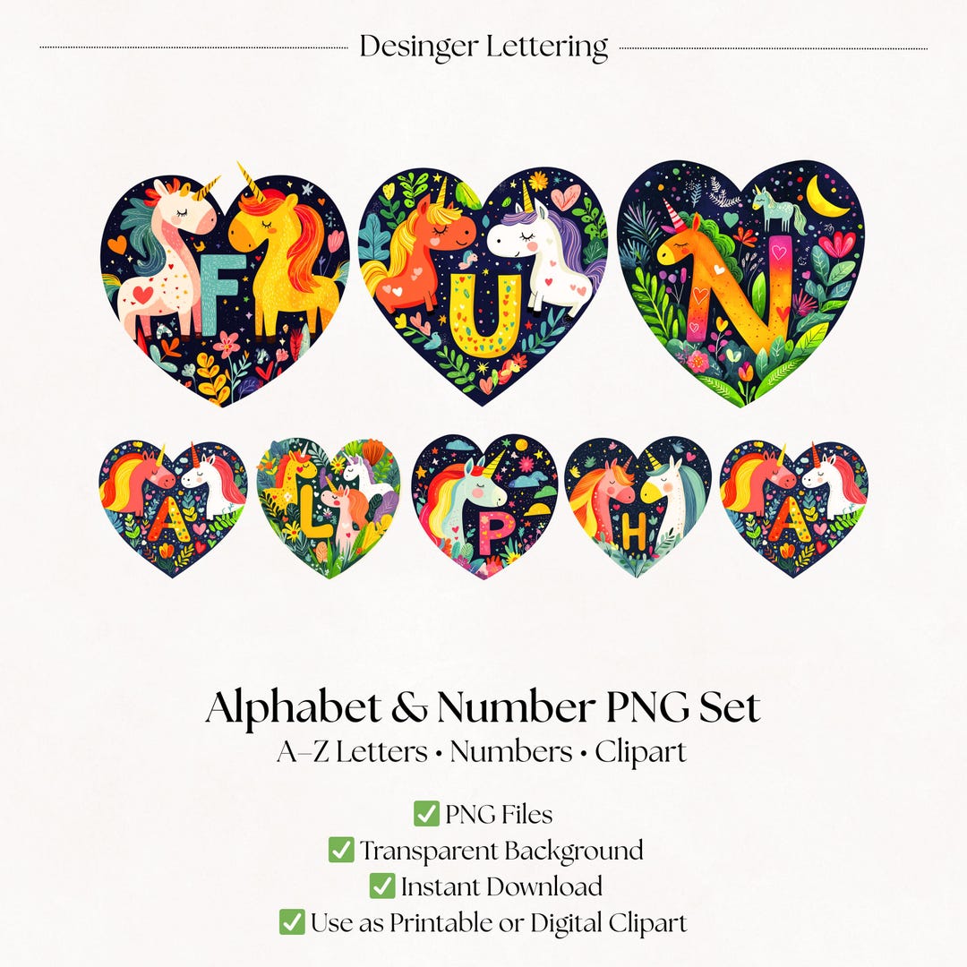 Unicorn Alphabet Clipart, Rainbow Letters and Numbers (PNG Instant ...