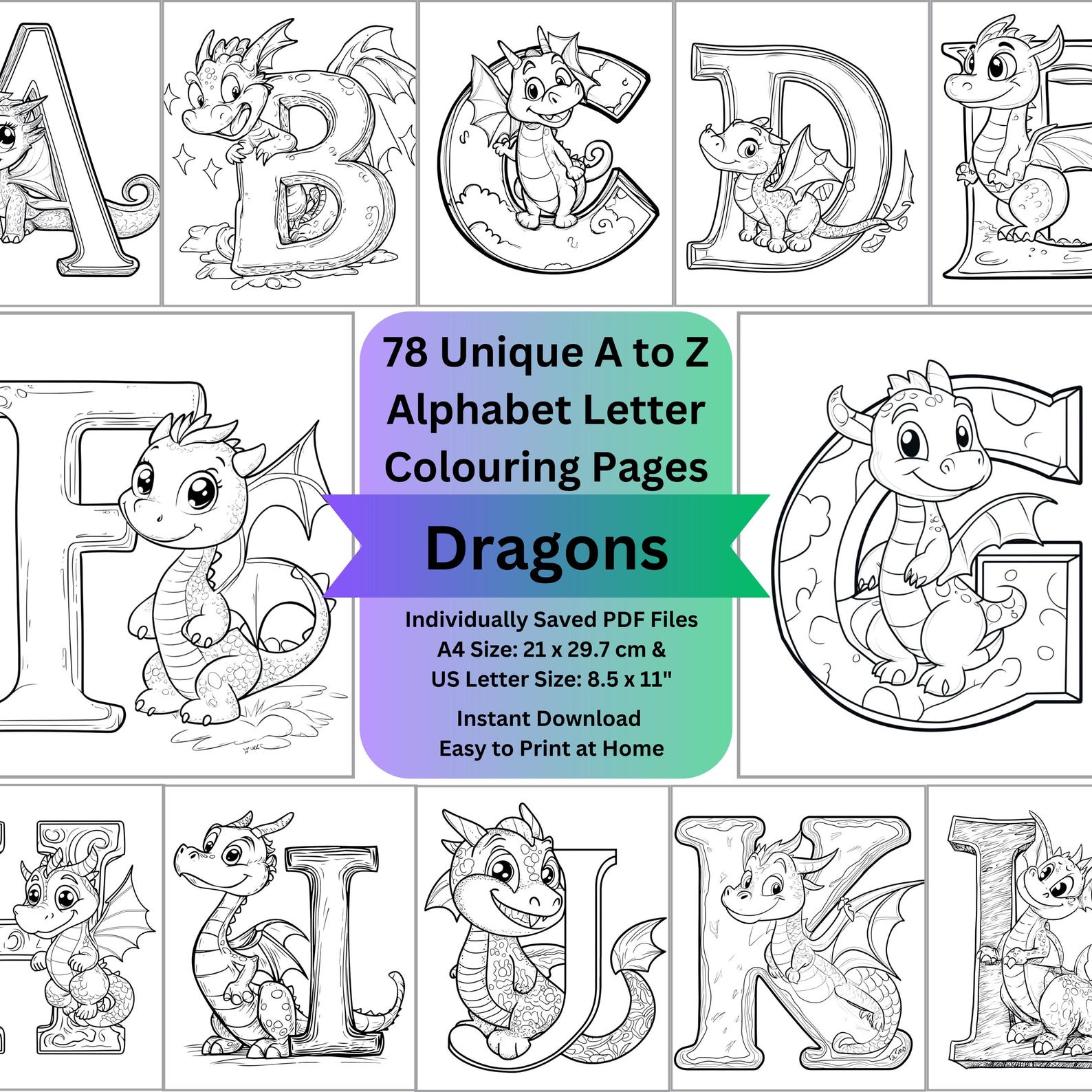 Dragon Coloring Pages Alphabet Letter Greyscale Colouring Page, DIY ...