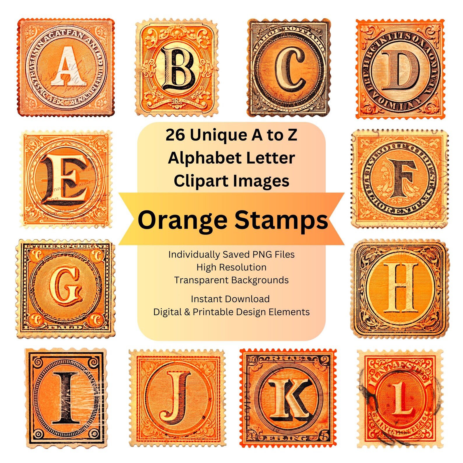 Vintage Orange Postage Stamp Alphabet Clipart: A-Z PNG Files (digital ...