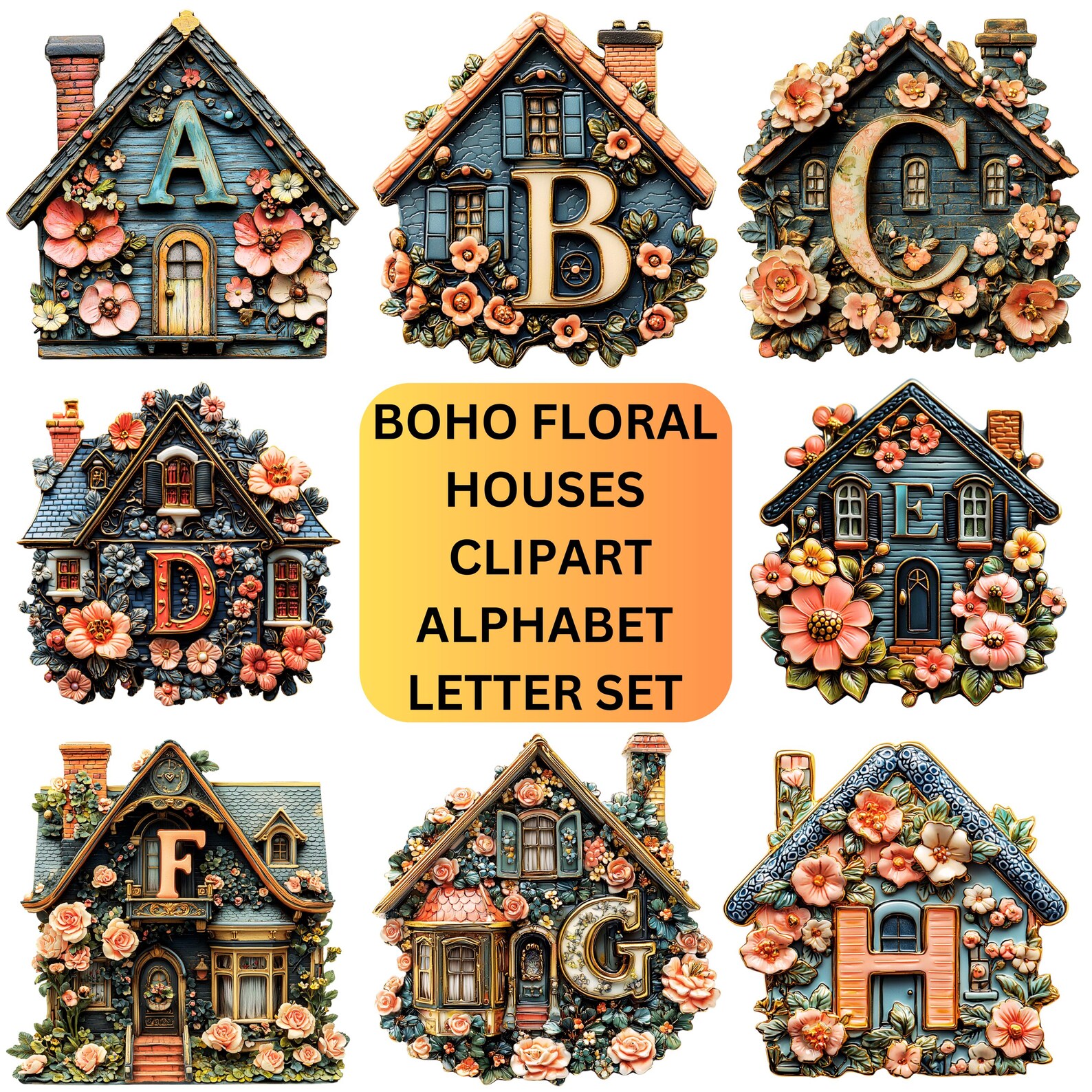 Boho Floral Clipart Alphabet Letters | PNG House Images | Flower Themed ...