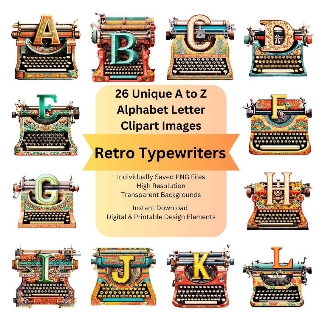 Typewriter Clipart Alphabet Letters PNG File for Retro Digital Download ...