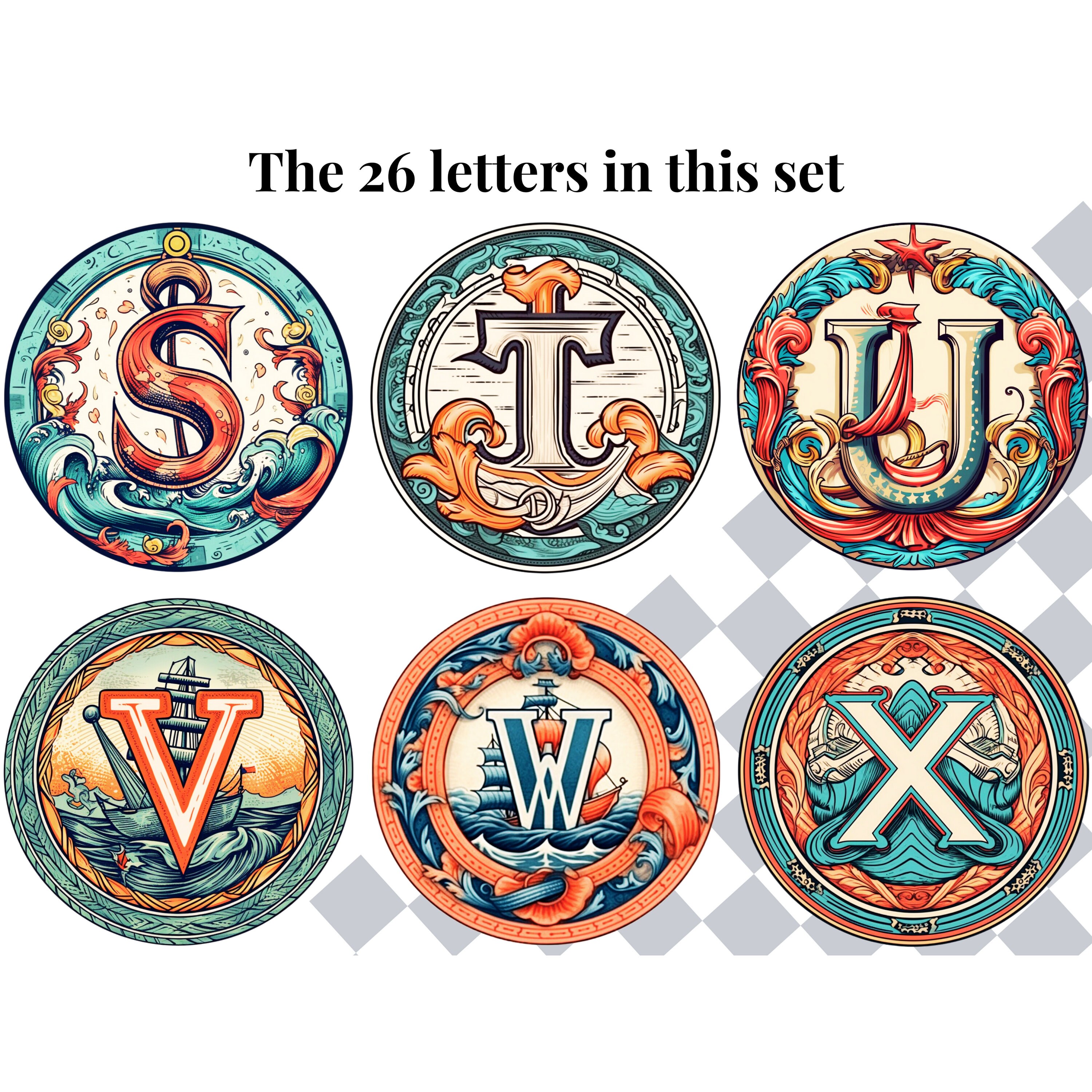 Retro Nautical Clipart Alphabet Letters PNG for Downloadable - Etsy