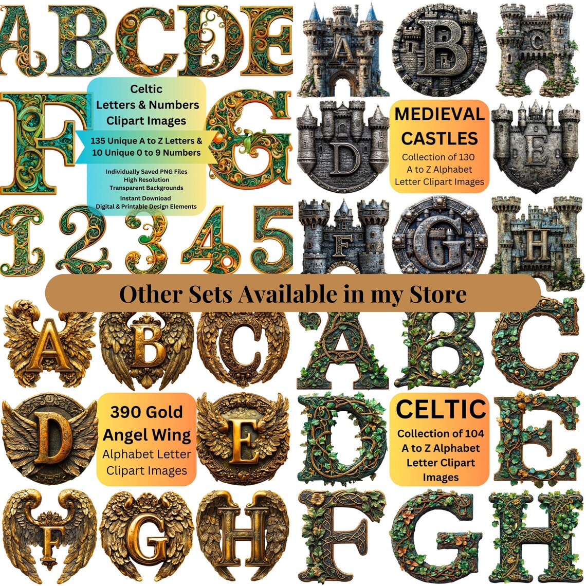 Celtic Clipart Alphabet: Natural Letters and Numbers PNG (digital ...