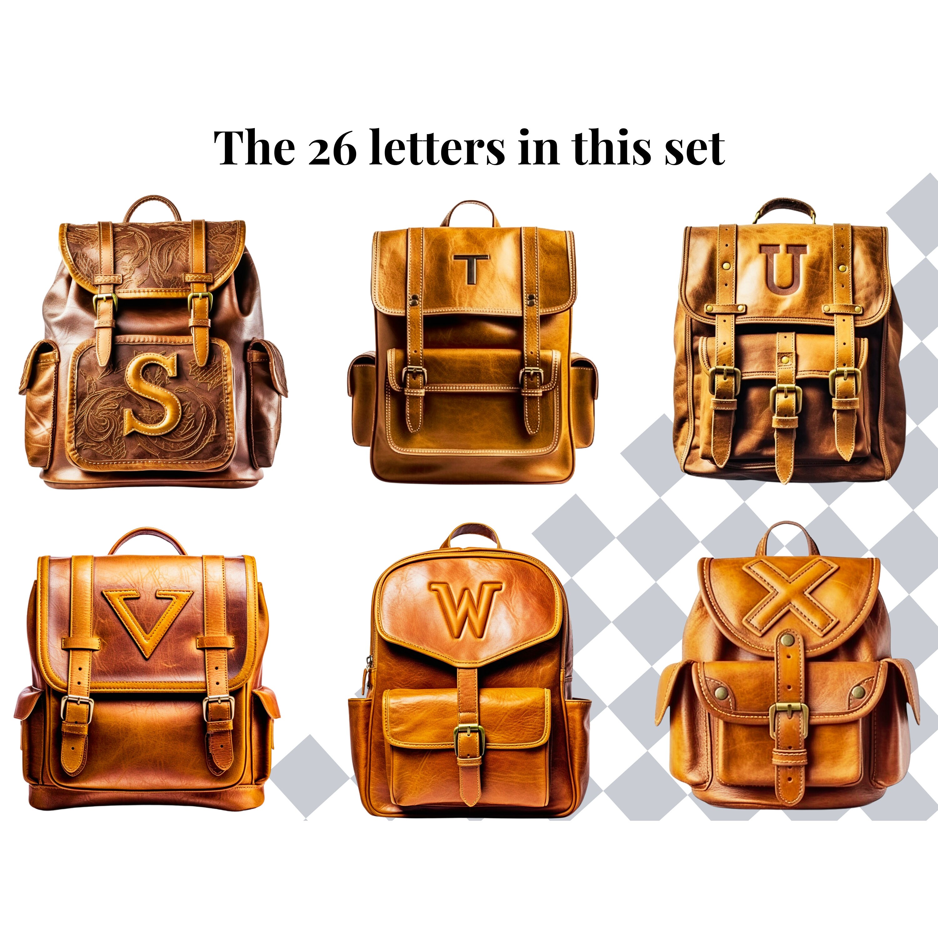 Leather Backpack Alphabet Clipart: Vintage PNG Letters (digital ...