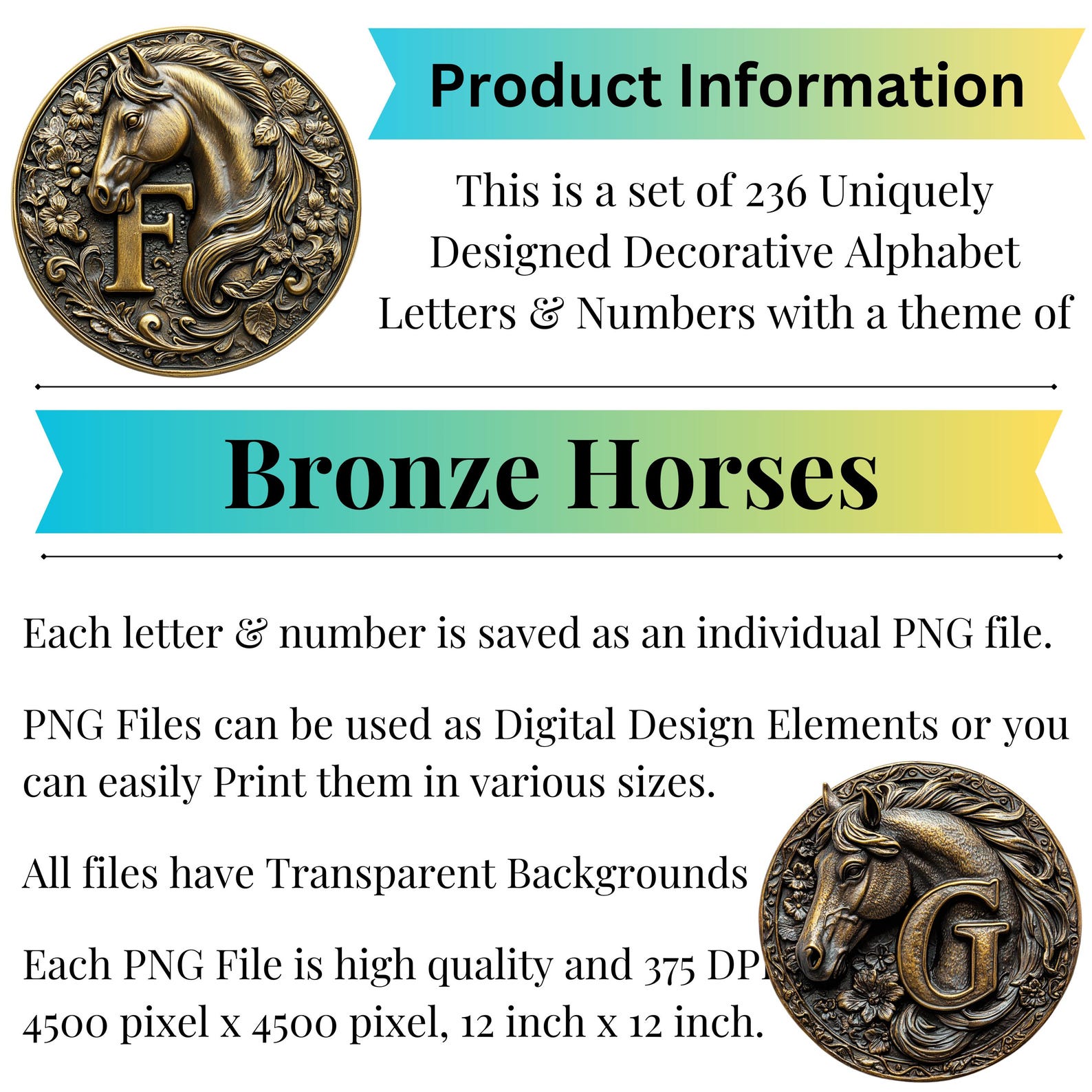 Horse Clipart Alphabet: Bronze Equestrian Letters & Numbers (PNG Files ...