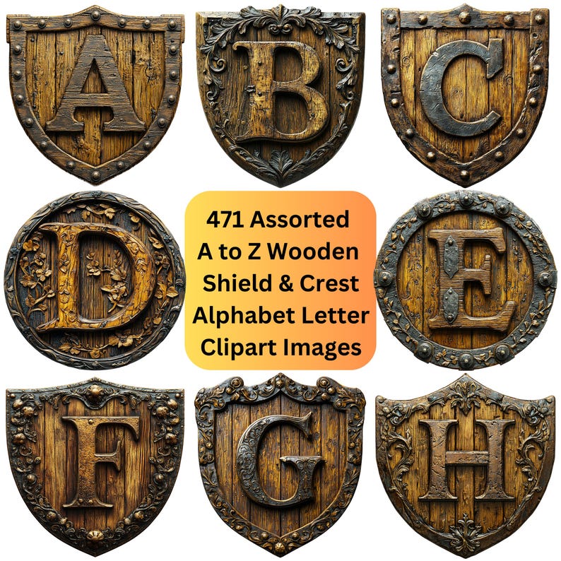 Wooden Shield & Crest Clipart Alphabet Letter PNG Files, Medieval ...