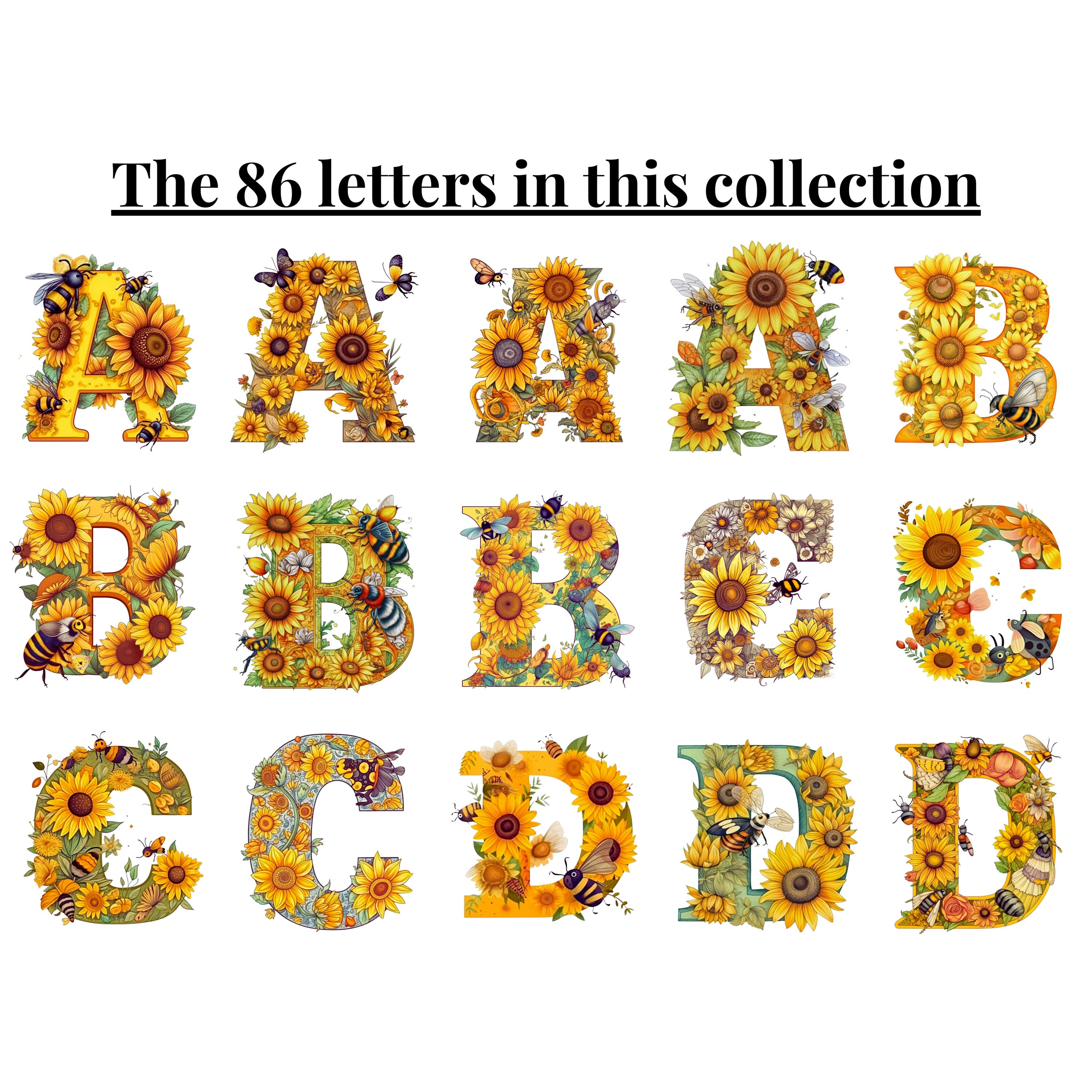 Bee and Sunflower Clipart Alphabet Letters PNG Files for Floral Digital ...