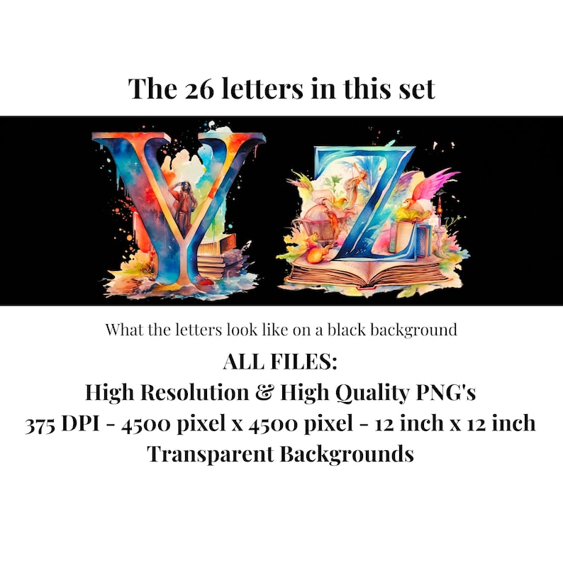 Library Book Clipart Alphabet Letters PNG Files for Watercolor Digital ...