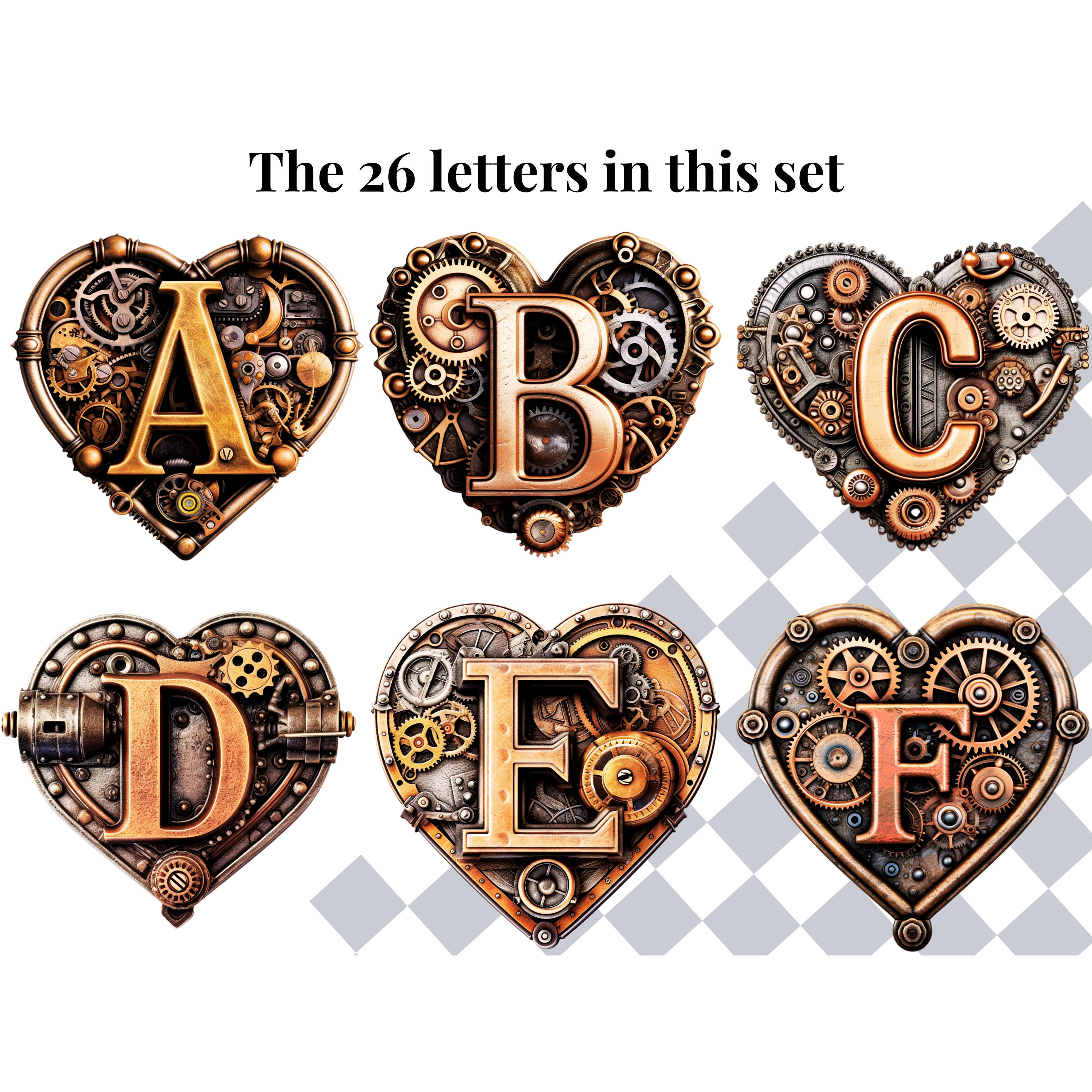 Steampunk Heart Alphabet Clipart Letters, Vintage PNG Font Images ...