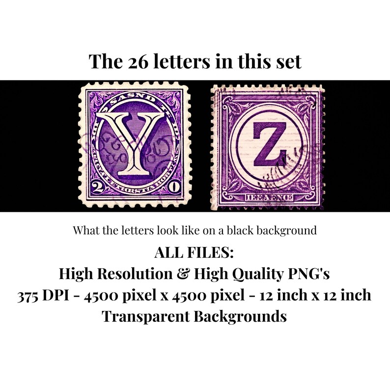 Vintage Purple Postage Stamp Alphabet Clipart: PNG Files (digital ...