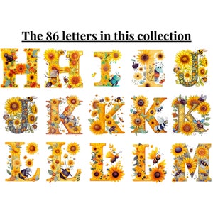 Bee and Sunflower Clipart Alphabet Letters PNG Files for Floral Digital ...