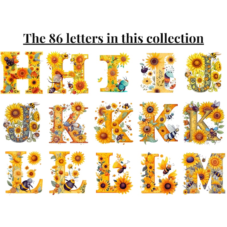 Bee and Sunflower Clipart Alphabet Letters PNG Files for Floral Digital ...