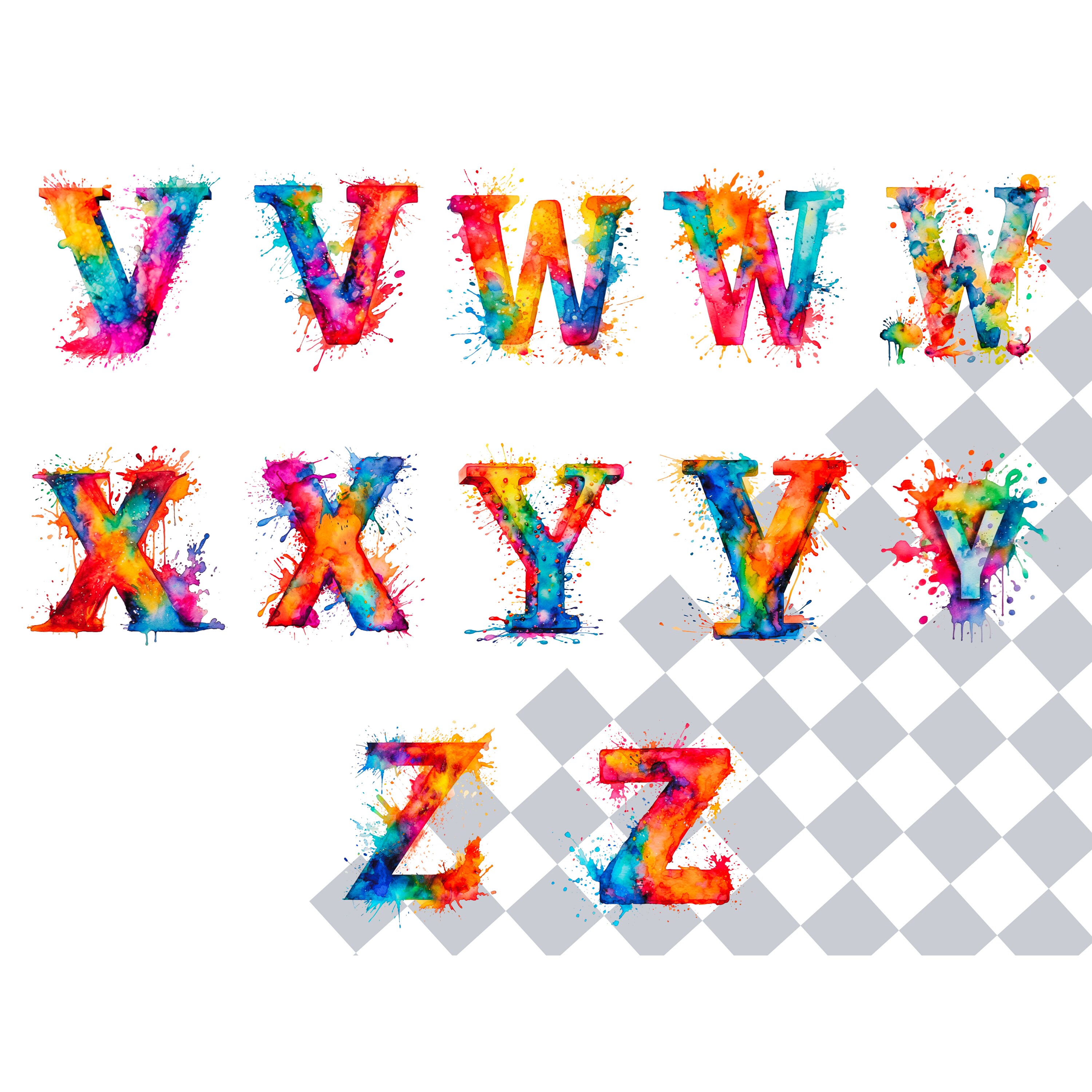 Watercolor Splash Clipart: Rainbow Letters and Numbers (PNG Digital ...