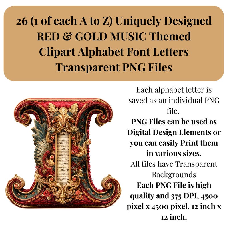 Red and Gold Music Alphabet PNG: Ornate Clipart Letters (Digital ...