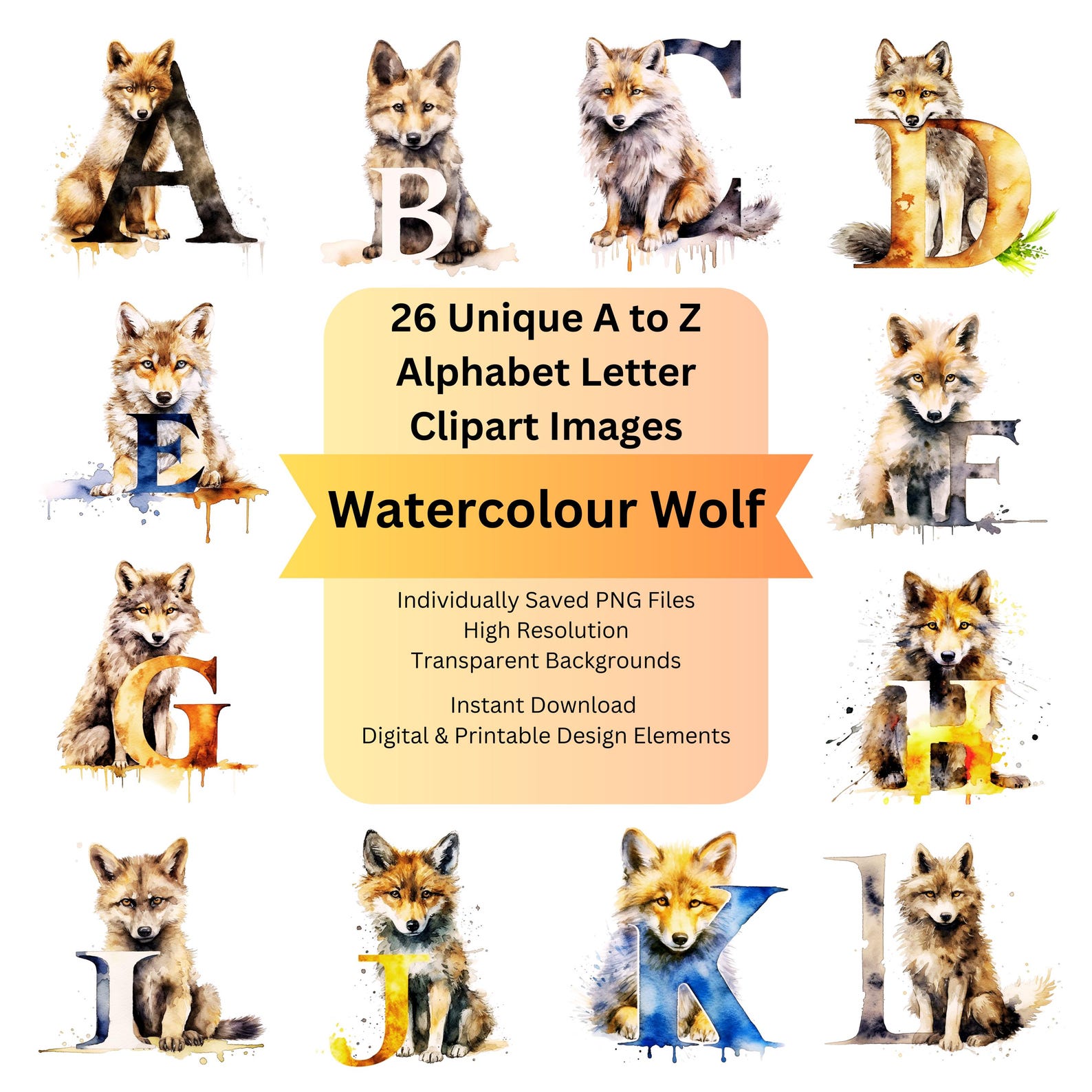 Wolf Clipart Animal Alphabet Watercolor Letters PNG for Wolves Woodland ...