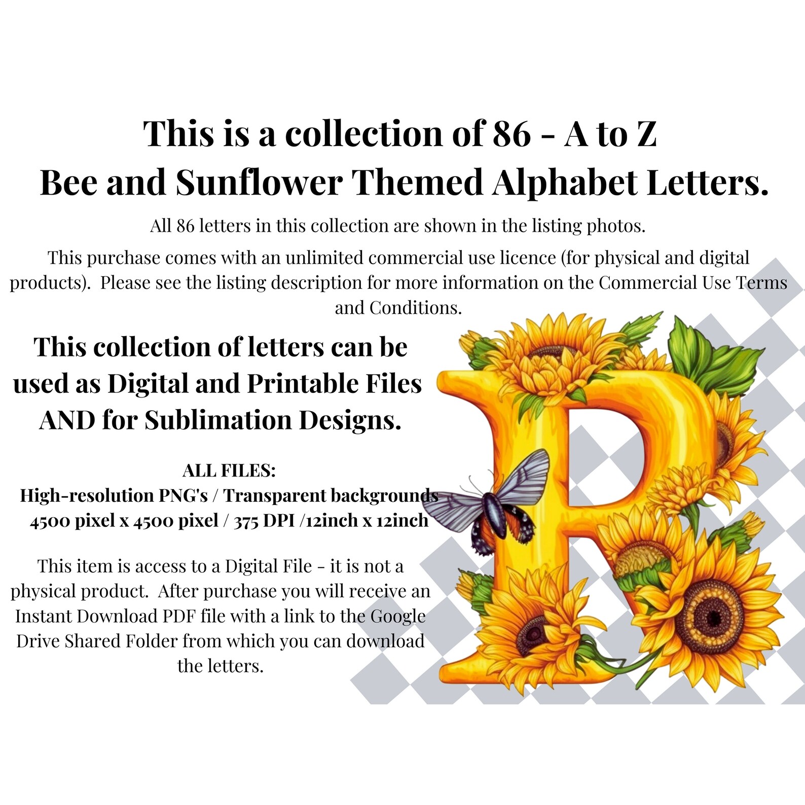 Bee and Sunflower Clipart Alphabet Letters PNG Files for Floral Digital ...