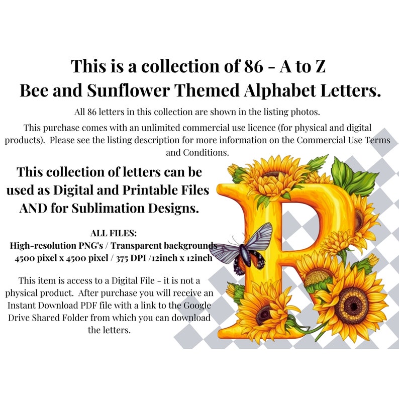 Bee and Sunflower Clipart Alphabet Letters PNG Files for Floral Digital ...