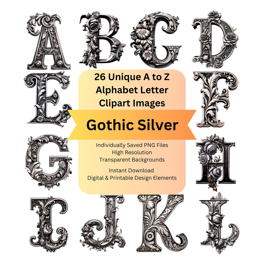 Gothic Clipart Alphabet Letters PNG Files for Silver Rose Floral ...