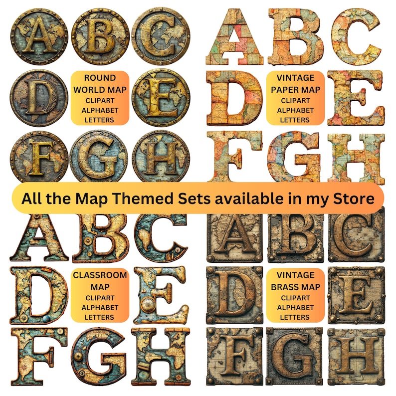 Vintage World Map Alphabet Clipart: PNG Letter Set (digital Download ...
