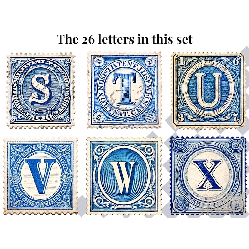 Vintage Blue Clipart Alphabet Letters | Postage Stamp Typography Design ...