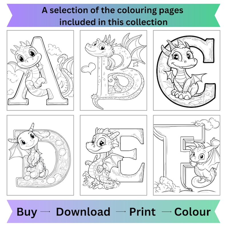 Dragon Alphabet Coloring Pages: A-Z Greyscale Art (digital Download ...