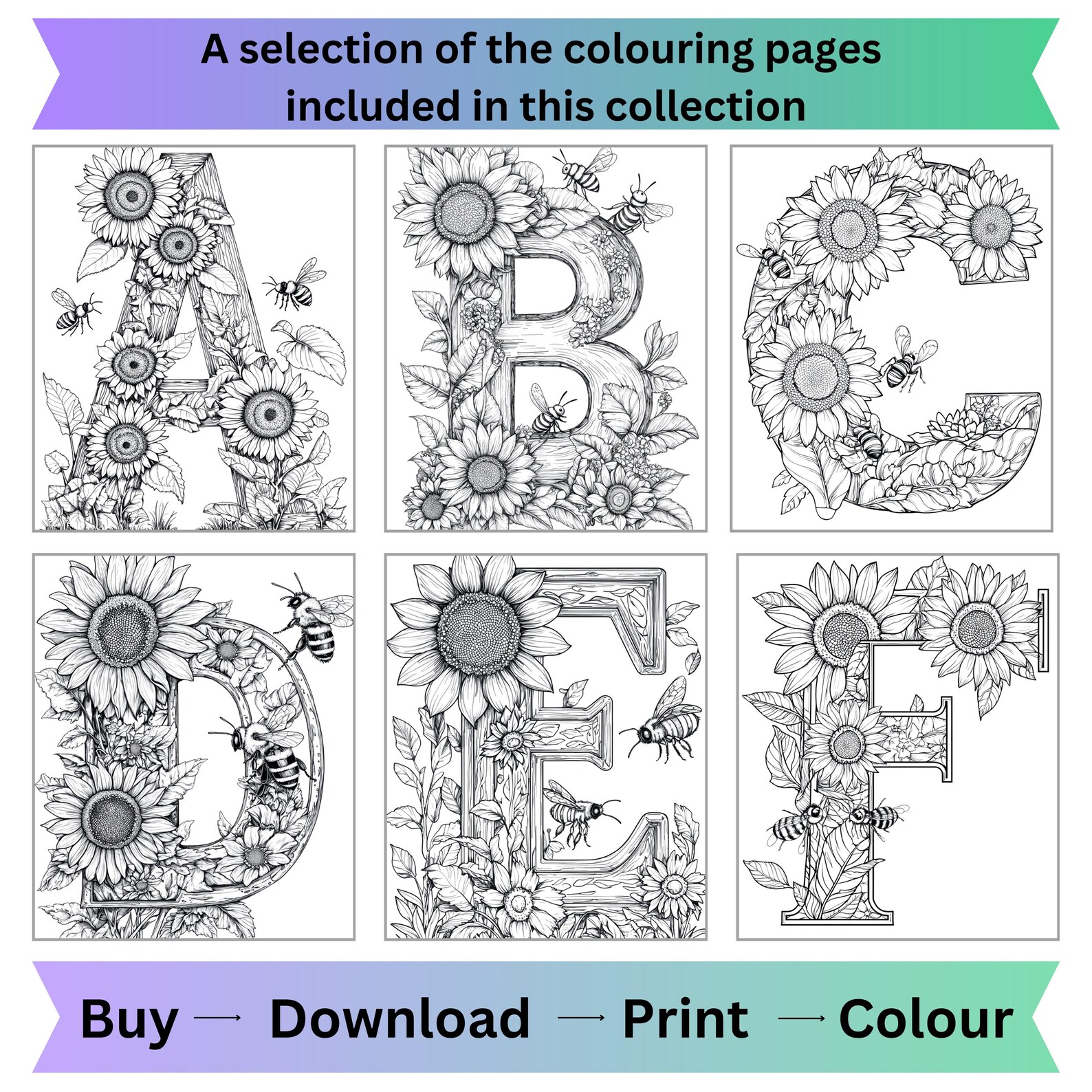 Sunflower Bee Alphabet Coloring Pages: Floral Art, Grayscale (PDF Files ...