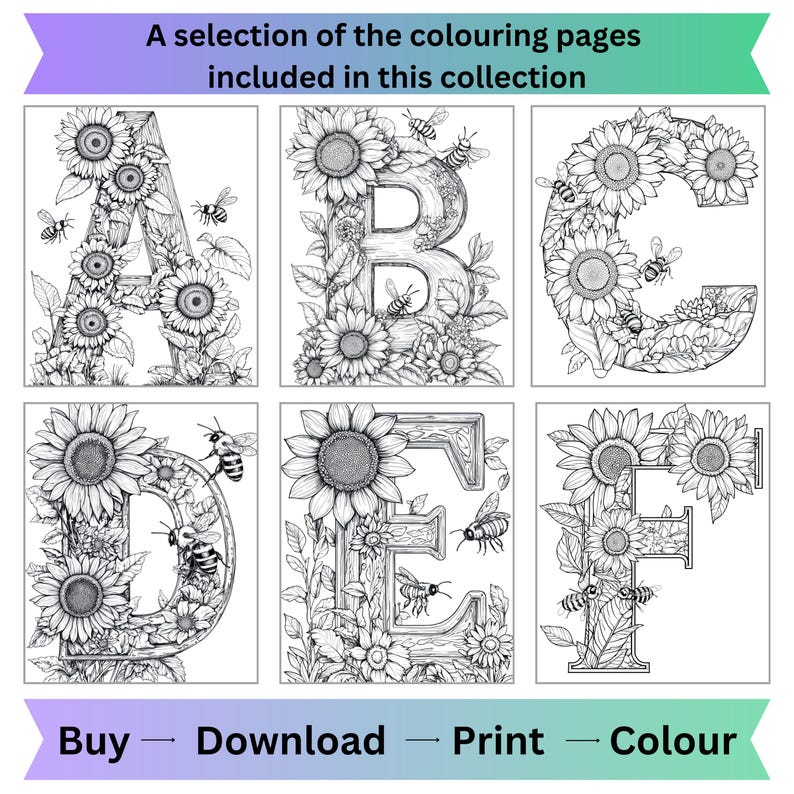 Sunflower Bee Alphabet Coloring Pages: Floral Art, Grayscale (PDF Files ...