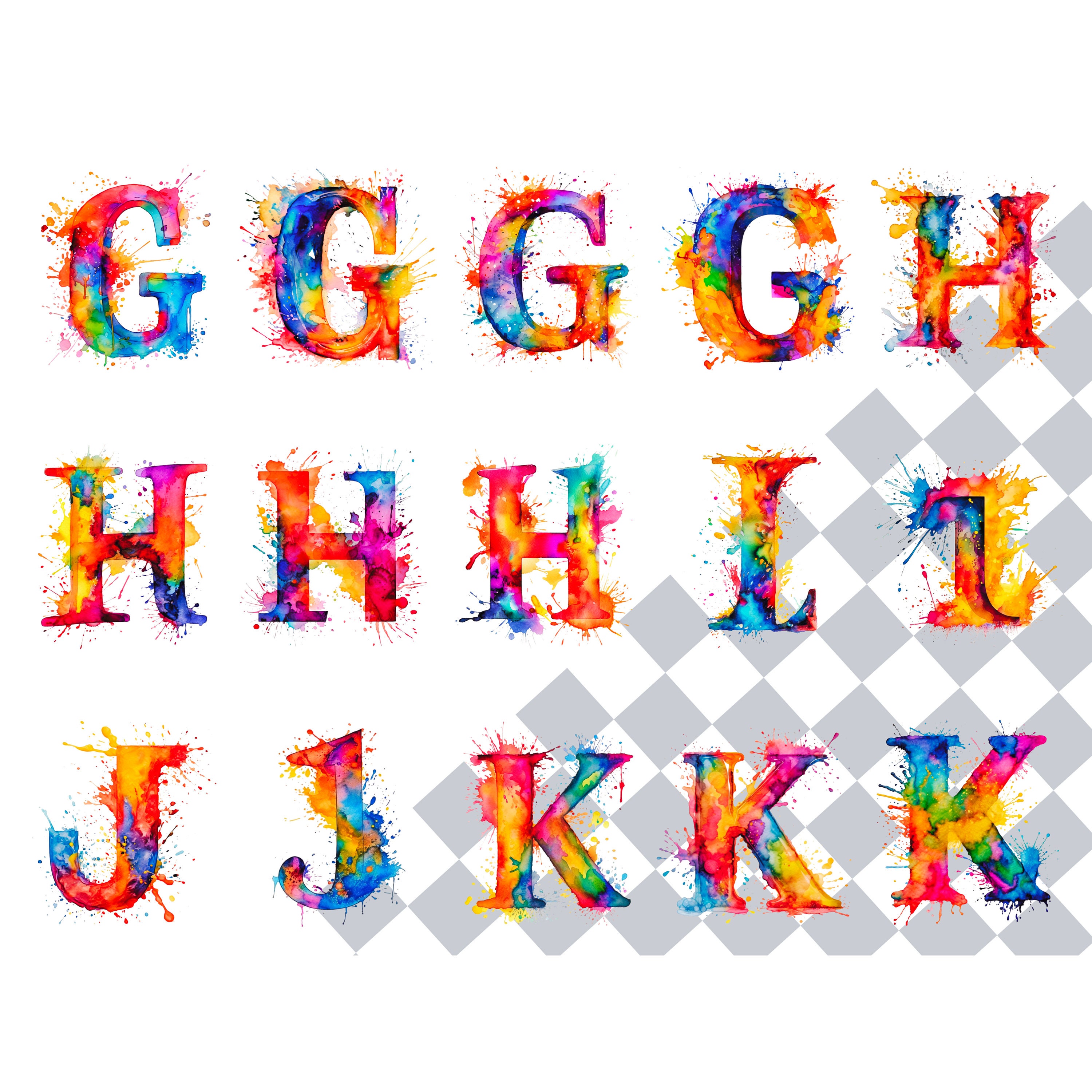 Watercolor Splash Clipart: Rainbow Letters and Numbers (PNG Digital ...