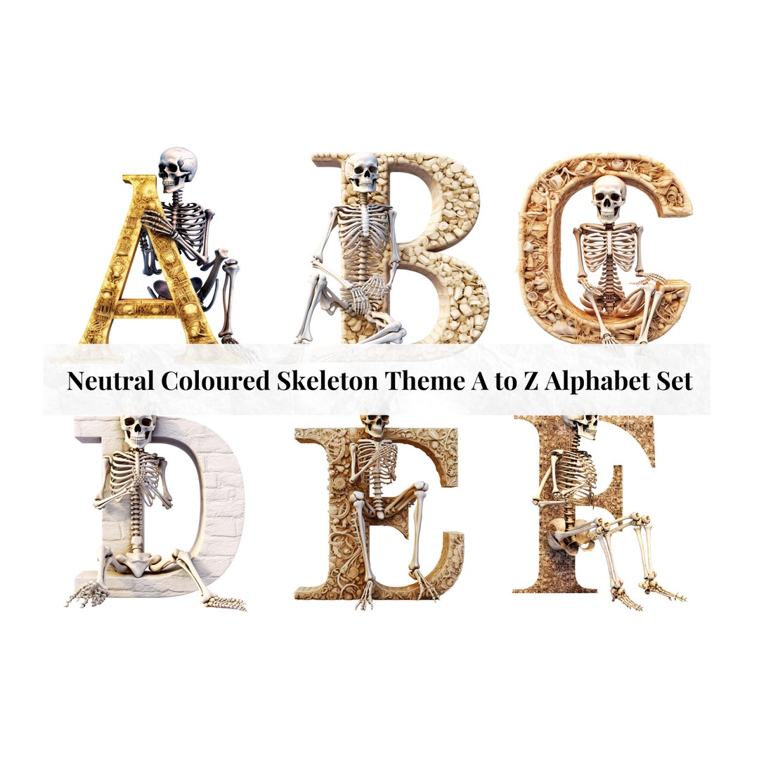 Skeleton PNG Alphabet Letters for Halloween Clipart Bundle, Skeleton ...