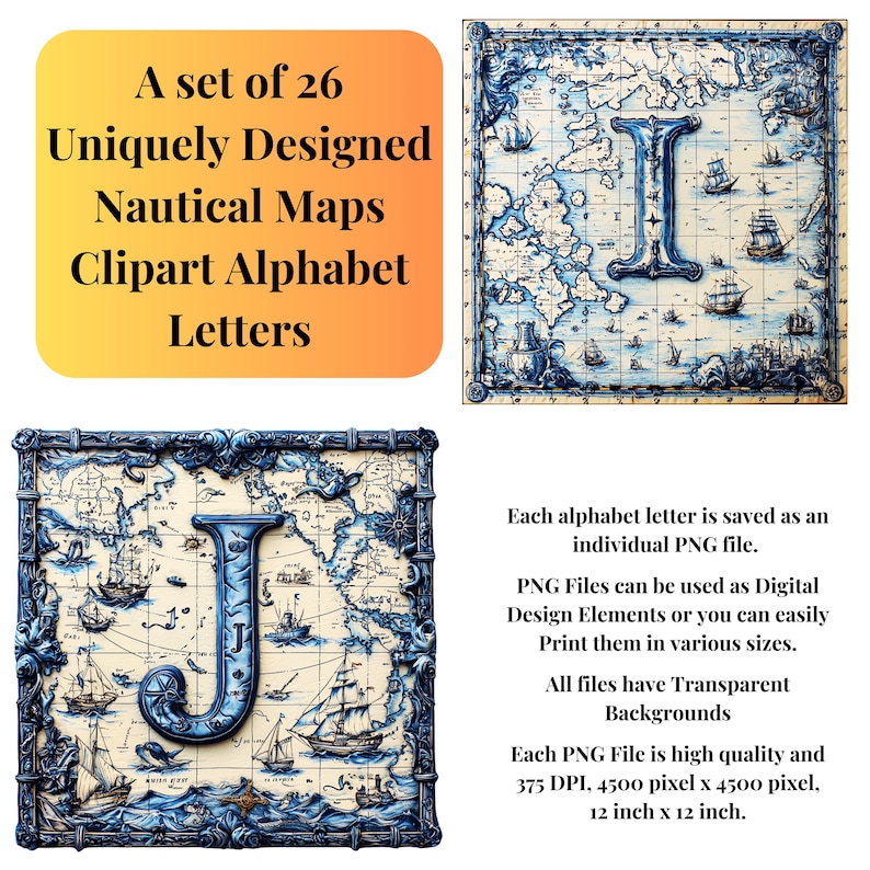 Nautical Map Clipart Alphabet Letters | Vintage Ocean PNG Font Images ...