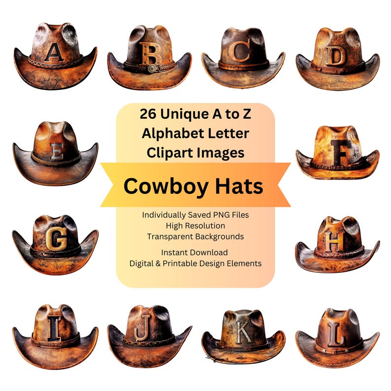 Cowboy Cowgirl Hat Clipart Alphabet Letters PNG Files for Western ...