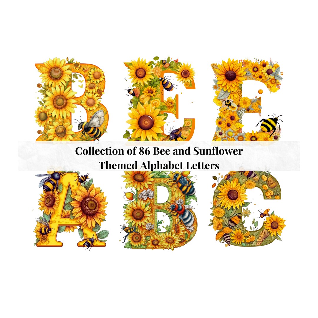 Bee and Sunflower Clipart Alphabet Letters PNG Files for Floral Digital ...