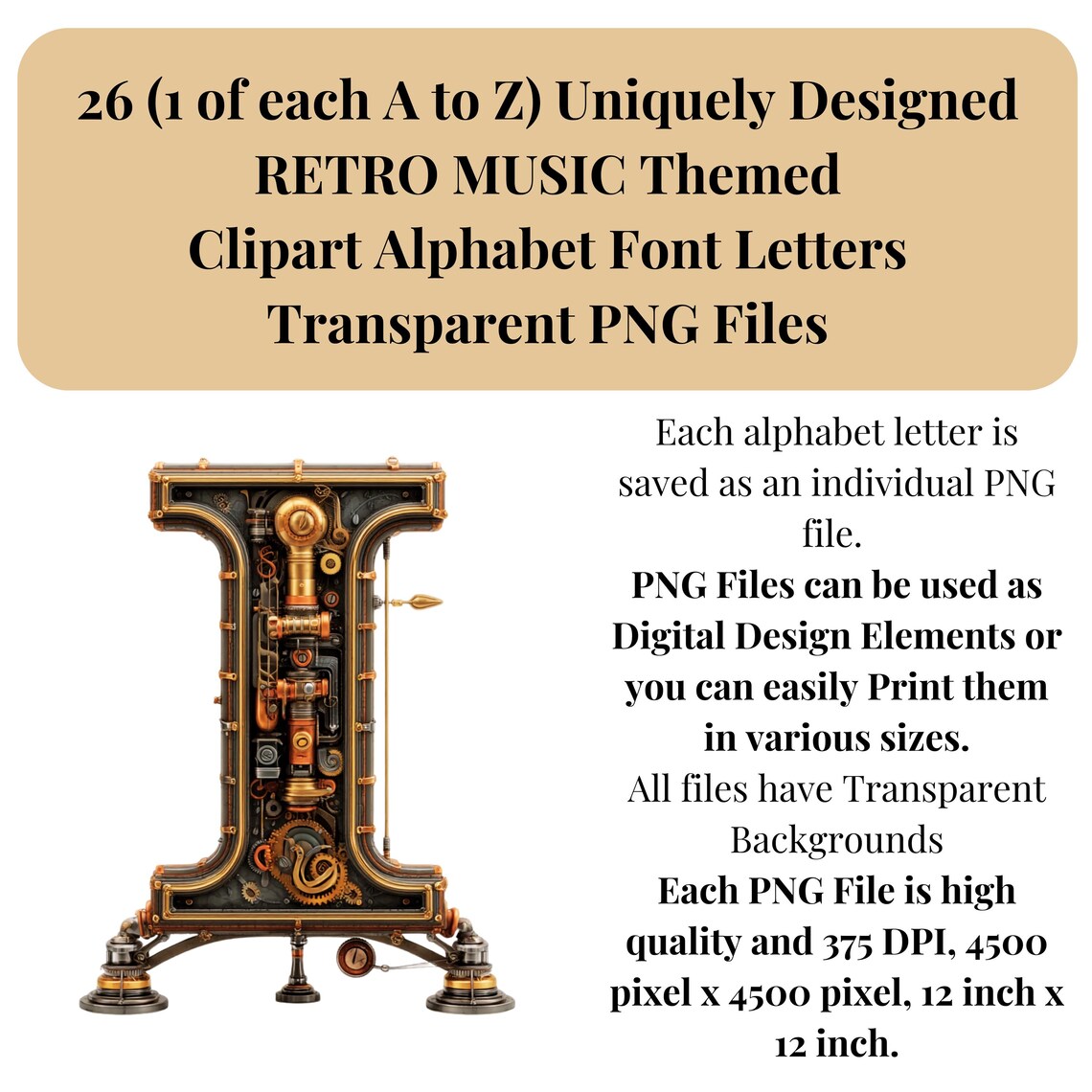 Retro Music Clipart Alphabet: Vintage Musical Font (PNG Digital ...