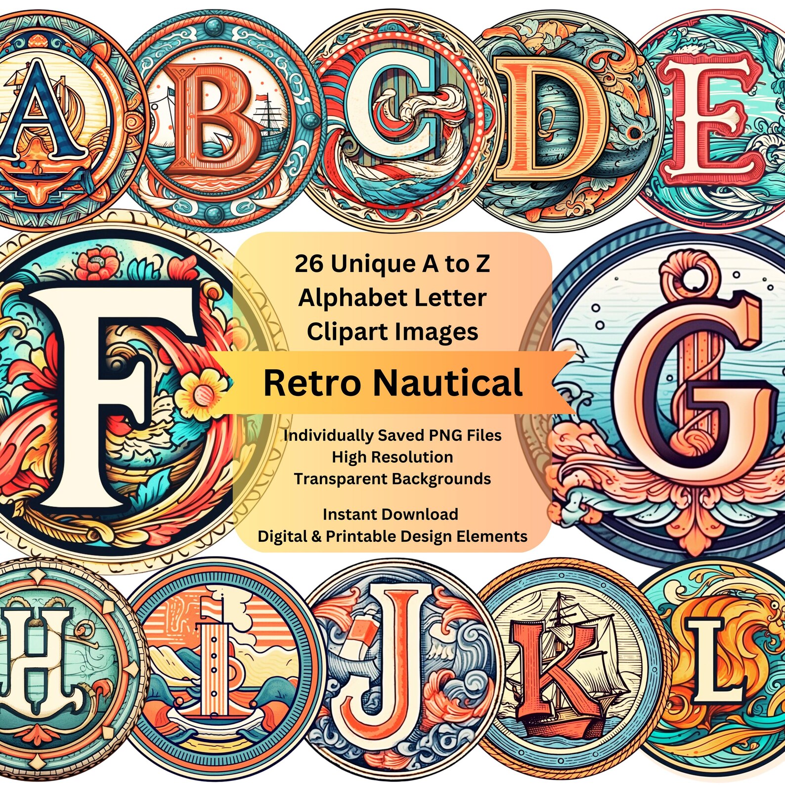 Retro Nautical Clipart Alphabet Letters PNG for Downloadable Fonts, DIY ...